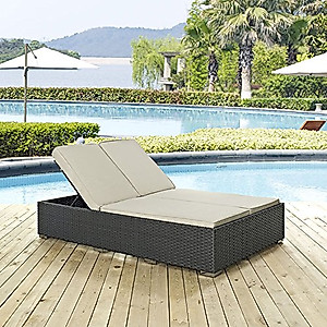 Modway Sojourn Wicker Rattan Outdoor Patio Sunbrella Fabric Double Chaise in Chocolate Beige