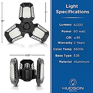 Hudson 6W LED Garage Light - 6000K Cool White deformable LED Shop Light (60W Equivalent) - E26/E27 Standard Screw Based Adjustable LED Light for Ceiling Fixture - 6000 Lumens Work Shop/Bay LED Light
