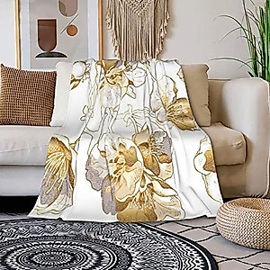 Blanket,Silver White with Light Gold Cherry Flowers Black Sakura Floral,Throw Blanket Lightweight Soft Warm Blanket Flannel Fleece Blankets for Couch Living Room 80"x60"
