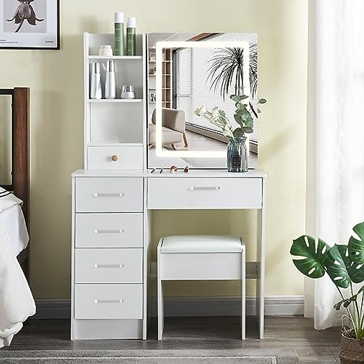 JBLCC Makeup Vaniy with Lights,Vanity with Lighted Mirror and Chair, Vanity Table with Lights and Drawers,Vanity Makeup Desk with Stool and Storage Shelves,Bedroom Furniture White (Modern 07led)
