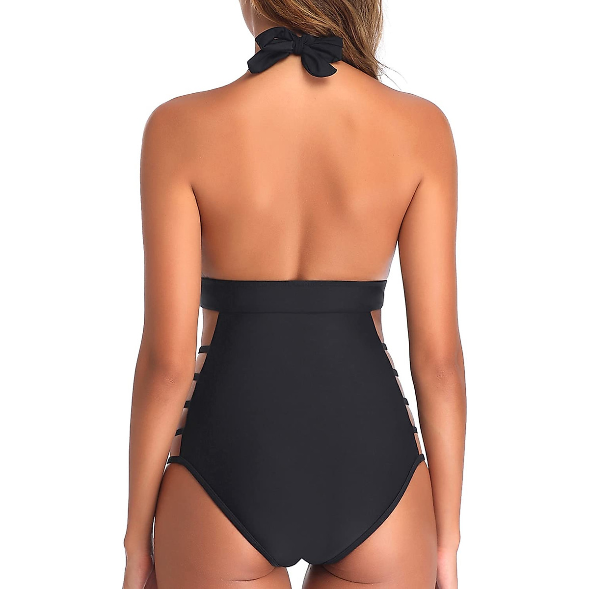 Tempt Me Women One Piece Swimsuits Sexy Cutout Bathing Suits Plunge Halter Swimwear Deep V Neck Monokini L Black