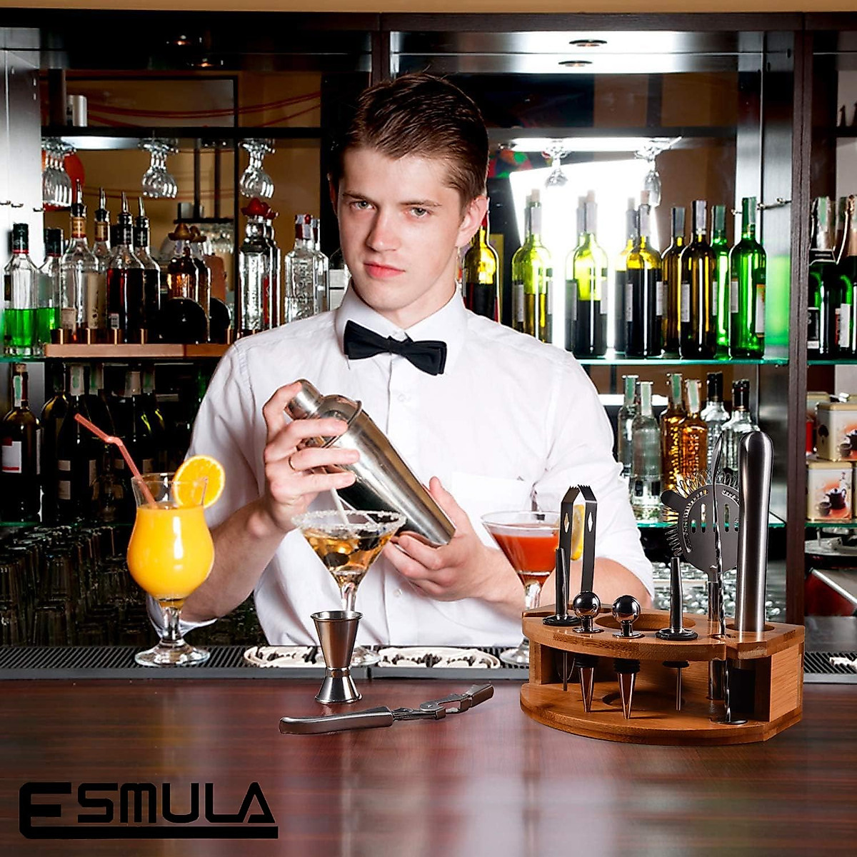 Esmula Bartender Kit with Stylish Bamboo Stand, 12 Piece 25oz Cocktail Shaker Set for Mixed Drink, Professional Stainless Steel Bar Tool Set, Gift for Man Dad- Cocktail Recipes Booklet