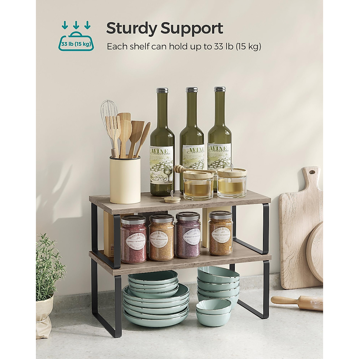 SONGMICS Cabinet Organizer Shelf, Set of 4 Kitchen Counter Shelves, Kitchen Storage, Spice Rack, Stackable, Expandable, Metal and Engineered Wood, Ink Black and Heather Greige UKCS022X02