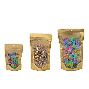 PackFreshUSA: 5 Mil Gold/Clear Stand Up Pouch Bags - Professional Flexible Packaging - Resealable - Seal-Top - Heat-Sealable - Hang Hole - Tear Notch - Large 6 x 9.5 x 3.5 in. - 100 Pack