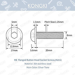 M8-1.25 x 20mm Flanged Button Head Socket Cap Screws, Stainless Steel 304, Allen Socket Drive,Full Thread, Machine Thread,Quantity 10