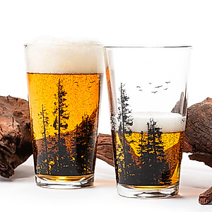 Black Lantern Handmade Themed Pint Glasses – Pint Glasses in Unique Designs for Craft Beer Enthusiasts and Home Bars - (Set of Two 16oz. Glasses) Pine Tree Forest Design