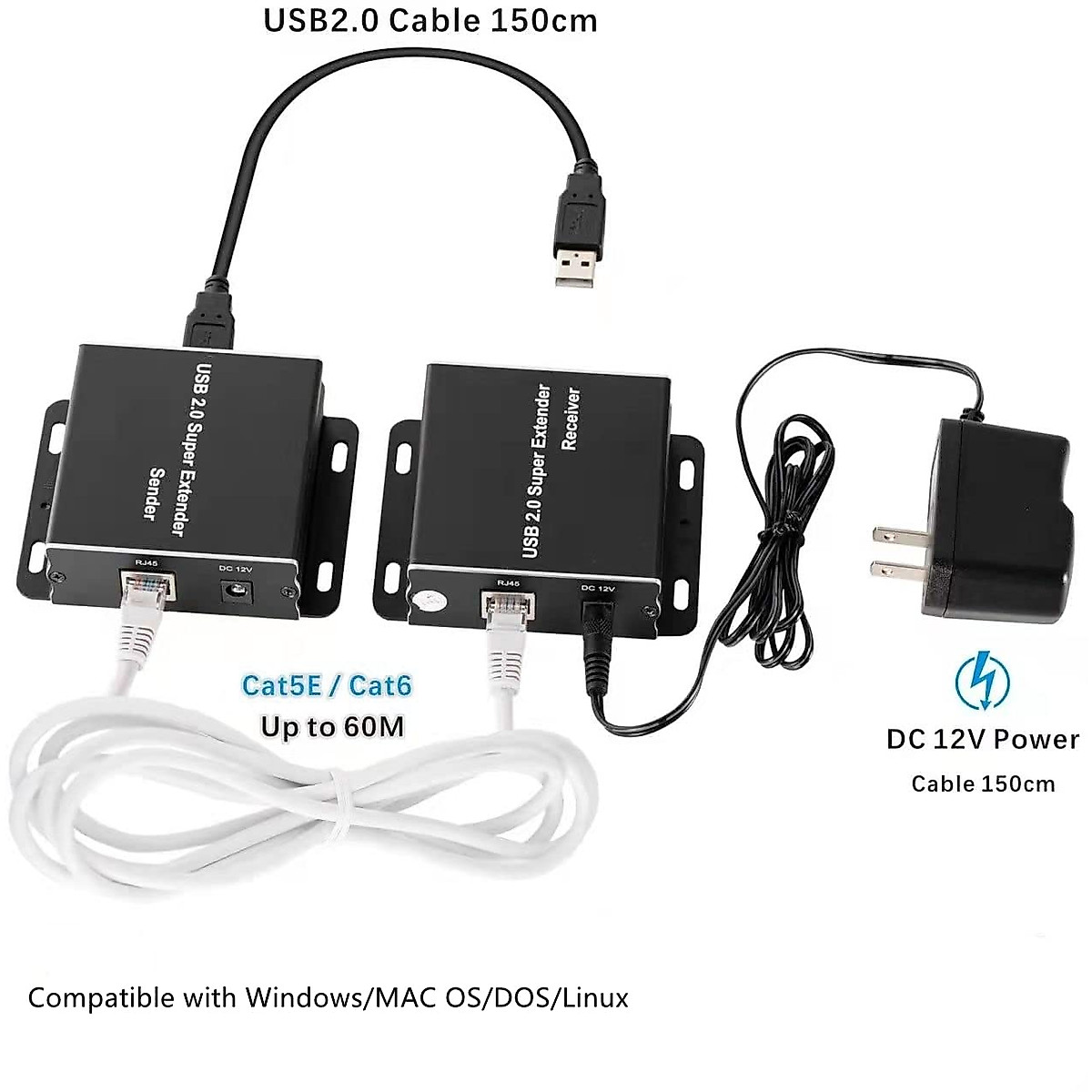 E-SDS USB Extender Over Cat5E/6 up to 196ft, USB2.0 Over Cat6 Cat5E Extender with 4 USB 2.0 Ports, Plug and Play, No Driver Needed Support All Operating System, Two Web Cameras Work Synchronously