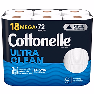 Cottonelle Ultra Clean Toilet Paper, Strong Toilet Tissue, 18 Mega Rolls (18 Mega Rolls = 72 Regular Rolls), 312 Sheets per Roll, Packaging May Vary