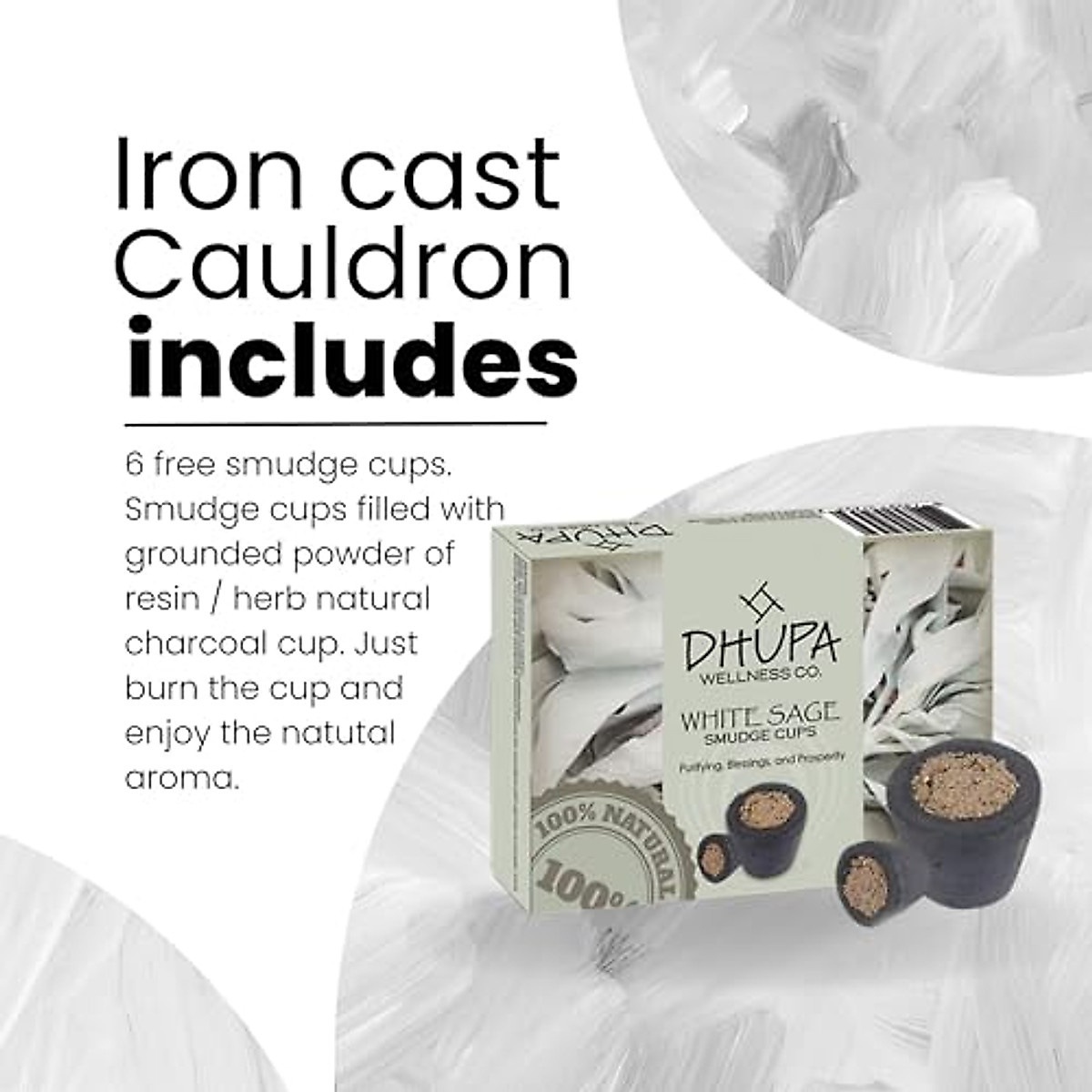 Cast Iron Cauldron with Lid and Carry Handle for Spells, Smudging, Ritual & Blessings | Includes 6 Free Incense Smudge Cups (4.5 Inch, Black)