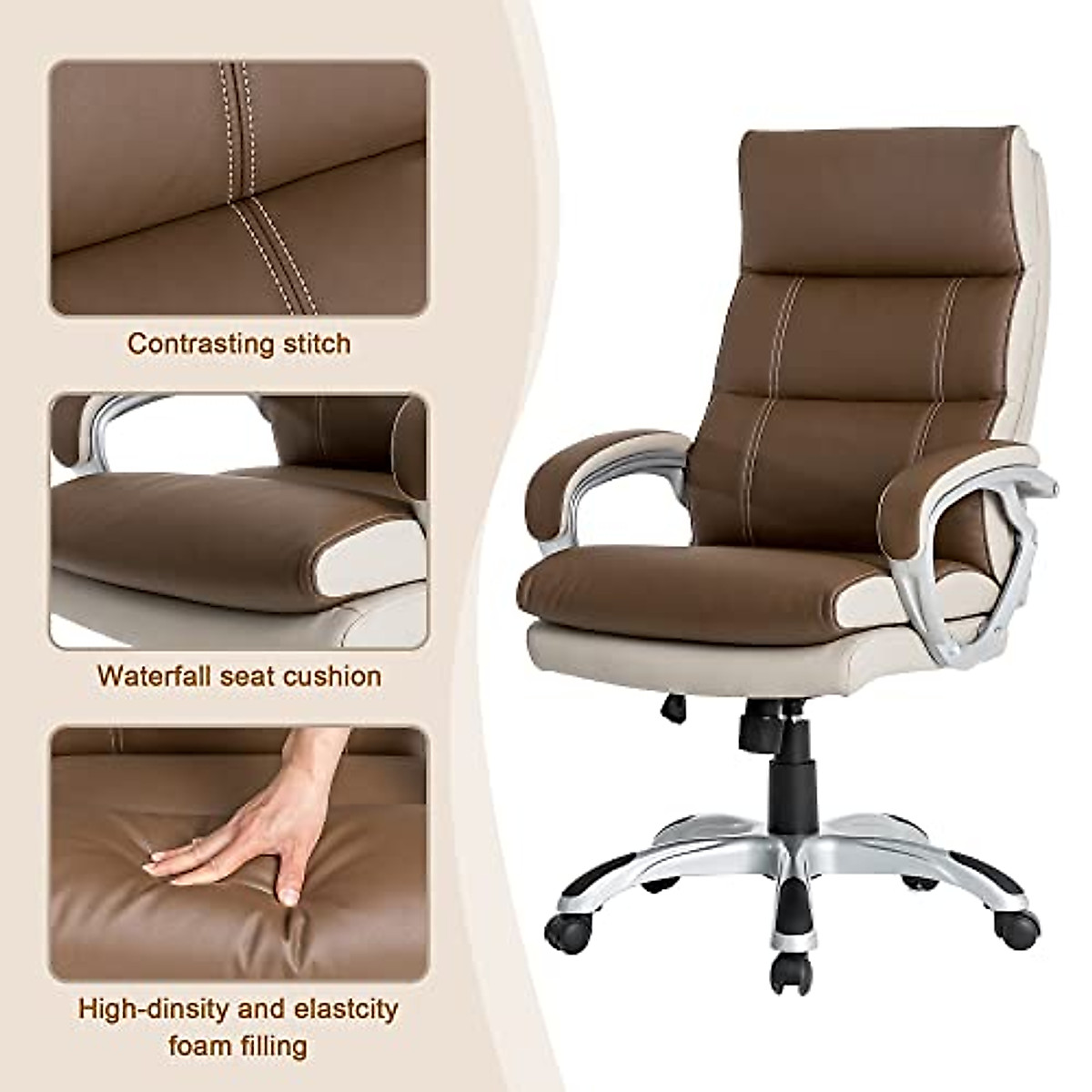 glitzhome Executive Office Chair Back, High Back Office Chair,Computer PU Leather Chair Swivel Rolling Adjustable Managerial Home Desk Chair with Padded Armrests and Lumbar Support Coffee