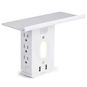 Black+Decker Surge Protector Outlet Shelf with Night Light, 6 Grounded Outlets, 2 USB, 100 Lumen