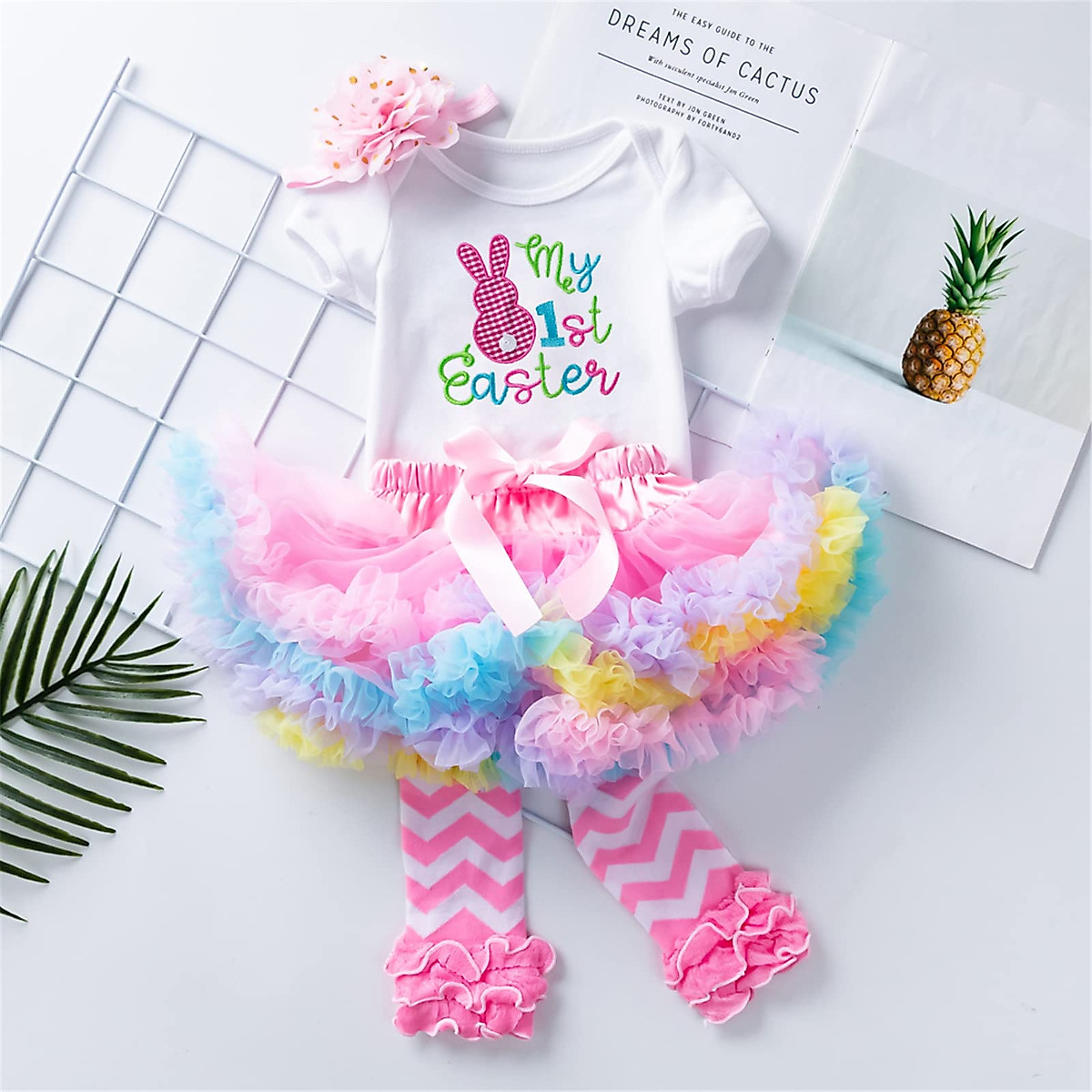 My First Easter Outfits Baby Girl Short Sleeve Rabbit Romper+Tutu Skirt+Headband+Leg Warmers Clothes Set (Pink, 0-3 Months)