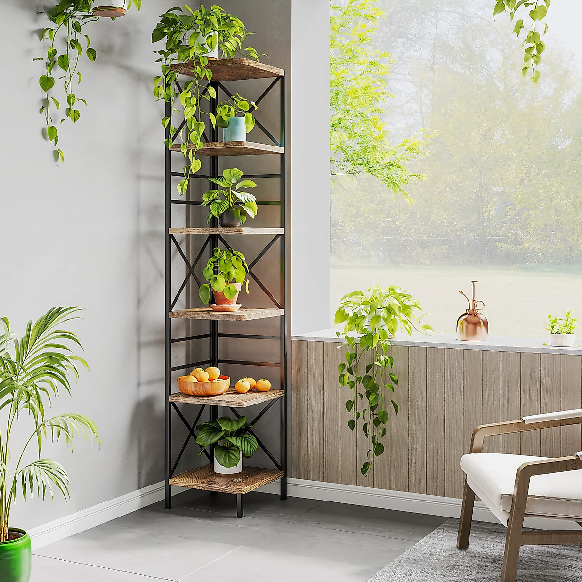 Buytime Corner Bookshelf, Corner Bookshelf for Living Room. 6-Tier Rustic Wooden Corner Bookshelf with Metal Frame, Corner Book Shelf, Tall Corner Shelf, Metal Corner Shelf