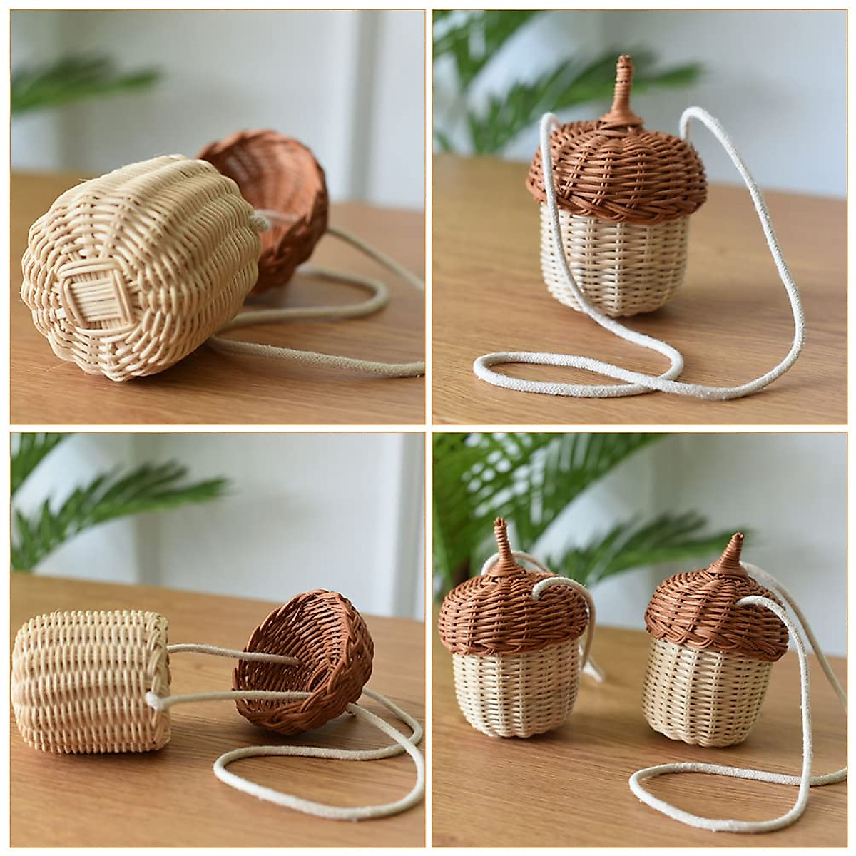 DOITOOL Hand Woven Rattan Basket Cute Acorn Shaped Basket Shoulder Basket Bag Kids Crossbody Bag Wall Hanging Basket Farmhouse Decoration