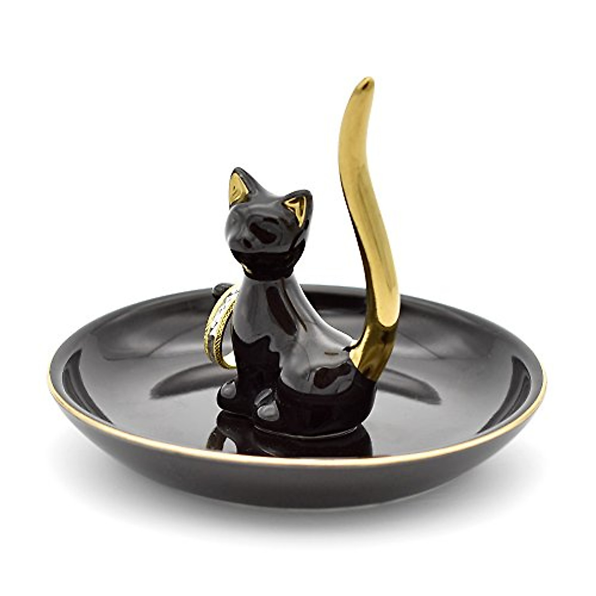Exembe Happy Cat Posture Trinket Tray Decorative Ring Holder Jewelry Storage Dish Black/Golden Tail