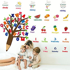 Tree Alphabet Number Color Weather Learning Educational Wall Decals ABC Kids Wall Sticker Peel and Stick Removable Wall Stickers Educational Classroom Stickers for Kids Boy Girl Classroom Playroom