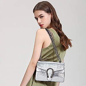 Erideno Crossbody Bags for Women Trendy Crocodile Grain Purses for Women Purse Chain Shoulder Bag Leather Handbags for Women（Silver）