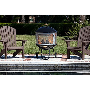 Fire Sense 01471 Fire Pit Bessemer Rolling Patio Fireplace Wooden Bonfire Porcelain Enamel Wood Burning with Wheels & Handle Grip for Outdoor Entertaining - Black & Silver - 28"