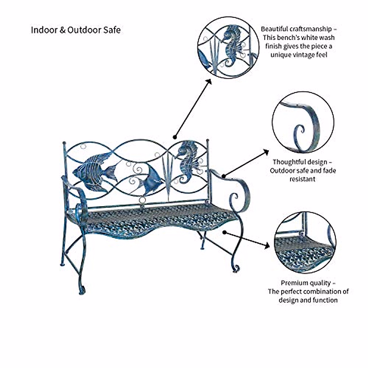 Cape Craftsmen Evergreen Weatherproof Blue Fish Coastal Outdoor Bench | Holds Up to 440 lbs | Furniture for Lawn Garden Patio Porch Park Deck | Coastal Nautical Beach Décor | Steel | Blue