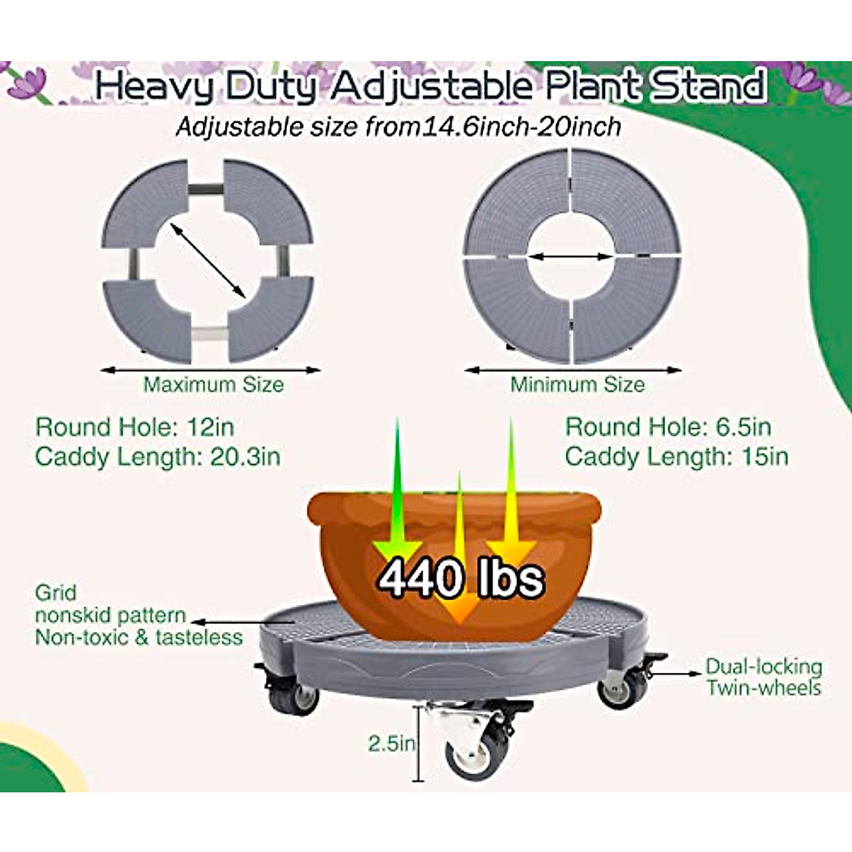 IVONNEY Large Plant Stand with Wheels, Adjustable Rolling Plant Caddy 14.6-20 Inch, Heavy Duty Plant Dolly with Wheels for Outdoor Planters, Garden Pot Mover (440lbs Capacity)
