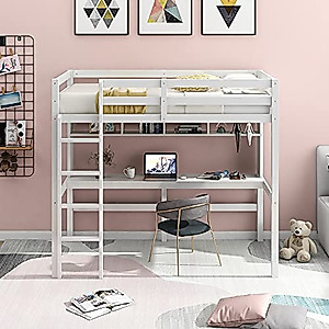 DEYOBED Twin Size Wooden Loft Bed Frame with Desk, Shelves for Kids Teens Adults