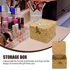 Cabilock Shelf Baskets with Lid Handwoven Seagrass Storage Box Wicker Basket Desktop Makeup Organizer Multipurpose Container for Wardrobe Home Organizer