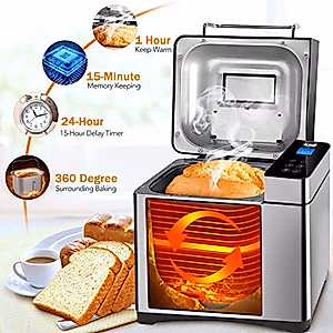KBS Large 17-in-1 Bread Machine, 2LB All Stainless Steel Bread Maker with Auto Fruit Nut Dispenser, Nonstick Ceramic Pan, Full Touch Panel Tempered Glass, Reserve& Keep Warm Set, Oven Mitt and Recipes