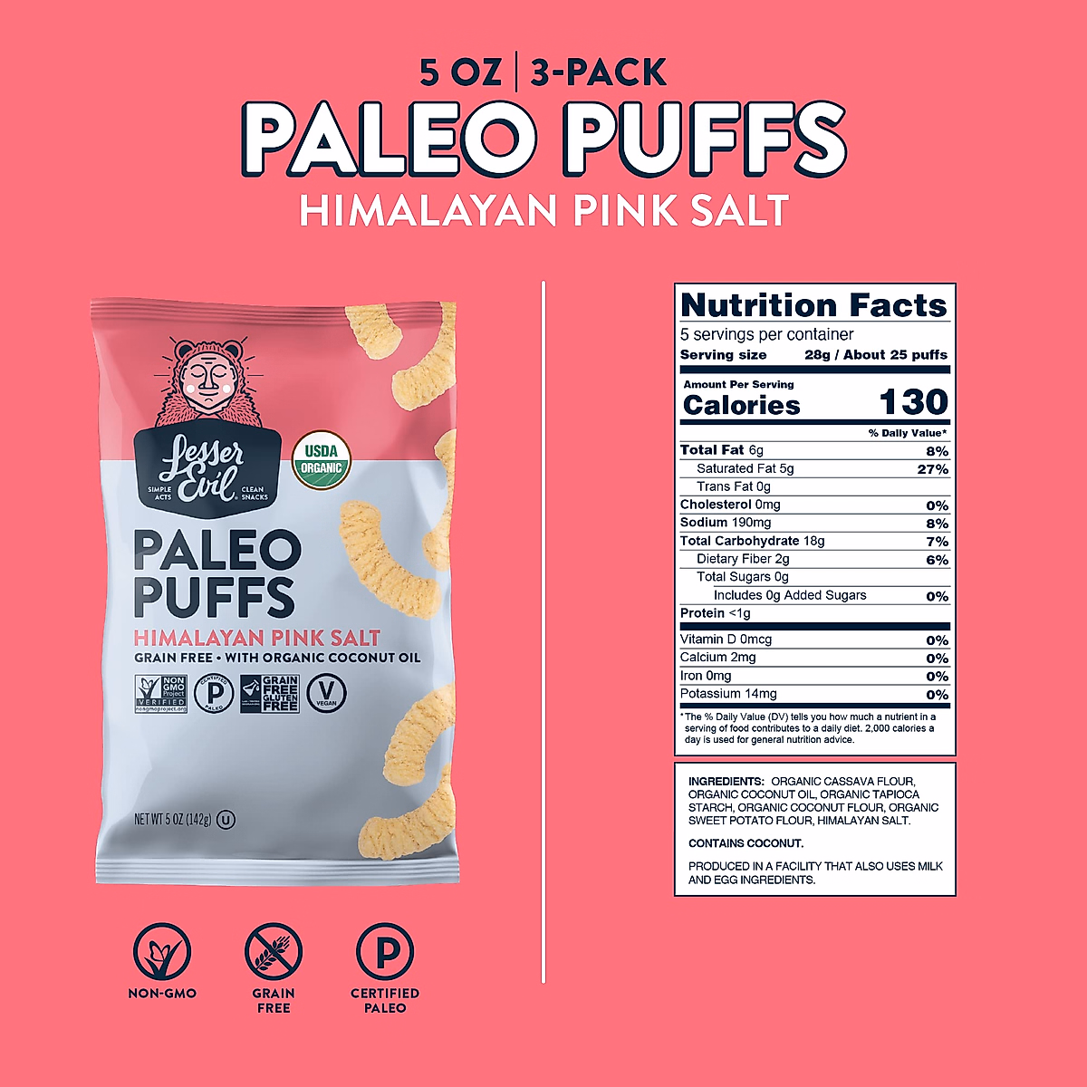 LesserEvil Himalayan Pink Salt Organic Paleo Puffs, Grain Free, Vegan, Minimally Processed, No Vegetable Oil, 5 Oz, Pack of 3