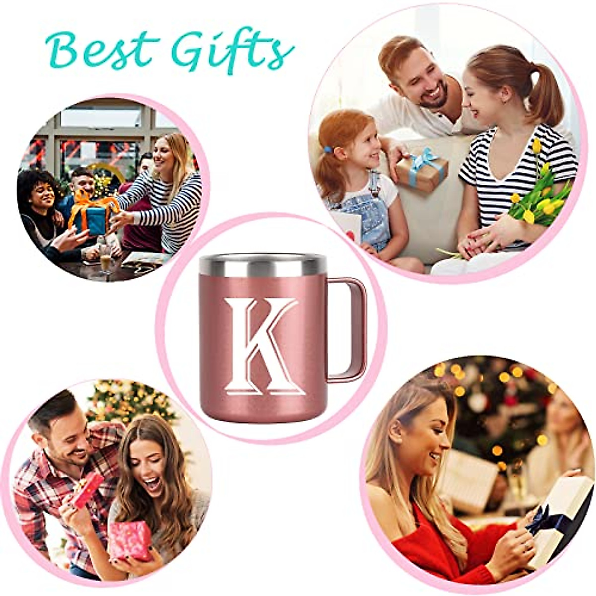 Aletege Letter K Stainless Steel Insulated Mug with Handle, Personalized Initial Mug, Gifts for Women Men Wedding Birthday Graduation Party Letter K 12OZ Rose Gold
