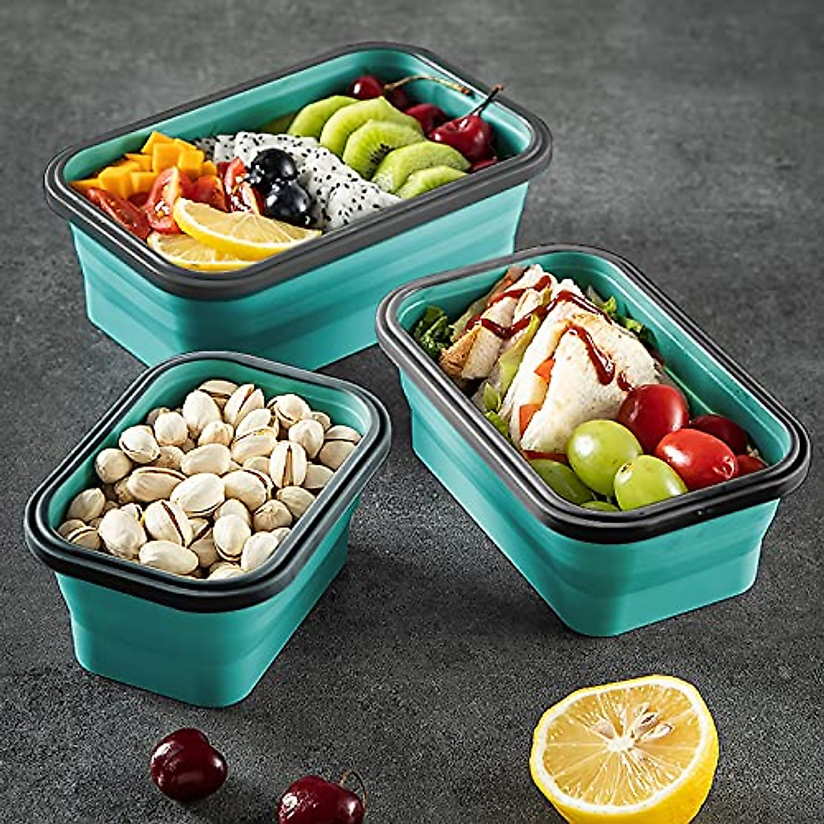 MAXCOOK Collapsible Stacking Silicone Lunch Boxes with Airtight Lid, Portable Bento Storage Containers for Food, Microwave, Freezer, Dishwasher Safe, BPA Free, Set of 3 (Green, Set of 3)