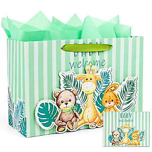 JOHOUSE Baby Gift Bag, 13" Green Gift Bag with Tissue Paper Ribbon Handle and Greeting Card for Gender Reveal Party Baby Shower Newborn 1st Birthday