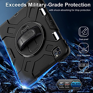 GROLEOA Case for iPad Pro 11 inch 2022/2021: Military Grade Shockproof Protective Cover with Screen Protector for iPad Pro 11 4th Gen 2022 / 3rd Gen 2021 + Pencil Holder + Stand + Strap- Black