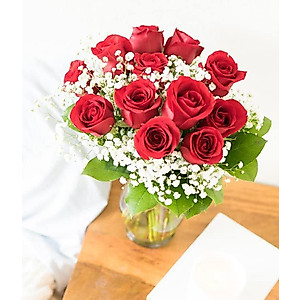 From You Flowers - One Dozen Long Stemmed Red Roses with Free Vase (Fresh Flowers) Birthday, Anniversary, Get Well, Sympathy, Congratulations