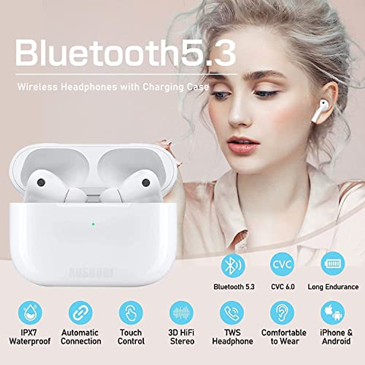 Wireless Earbuds Bluetooth 5.3 Headphones Touch Control with Charging Case IPX7 Waterproof Immersive 3D Stereo Sound in-Ear Earphones Built-in Mic Noise Cancelling for iPhone/Samsung/iOS/Android