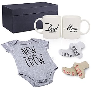 Pregnancy Gifts for First Time Moms – Mom and Dad Est 2023 11 oz Mug Set with Romper (0-3 Months) and Baby Socks ​- Top New Parents Gifts for Mom and Dad to Be