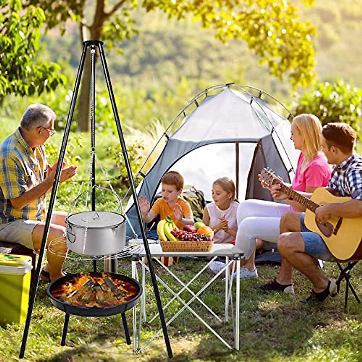 BestYiJo Hanging Tripod Camping Stove, Outdoor Tripod Barbecue Stove Height Adjustable Campfire Cooking Pot for Barracks Garden BBQ, with Barbecue Net and Grill