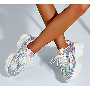 LUCKY STEP Women's 90s Chunky Sneakers Sparkly Bling Rhinestone Rope Platform Casual Thick Dad Rave Walking Shoes(Hologram Silver,7 B(M) US)