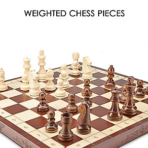 AMEROUS 15'' Wooden Chess Set with Upgraded Weighted Chess Pieces - 2 Extra Queen - Folding Board - Instructions - Gift Package - Chessmen Storage Slots, Classic Chess Board Game for Kids, Adults