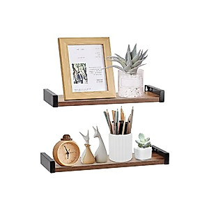 Pemtow Floating Wall Shelves Set of 2, Sized 14.4” and 15.7”, Rustic Wood Storage Hanging Shelf for Bedroom Living Room Bathroom Kitchen