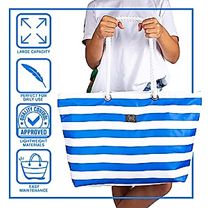 Large Waterproof Striped Tote Beach Bag - Top Zipper Closure - Waterproof Lining - Tote Shoulder Bag For Gym Beach Travel (Striped Blue)
