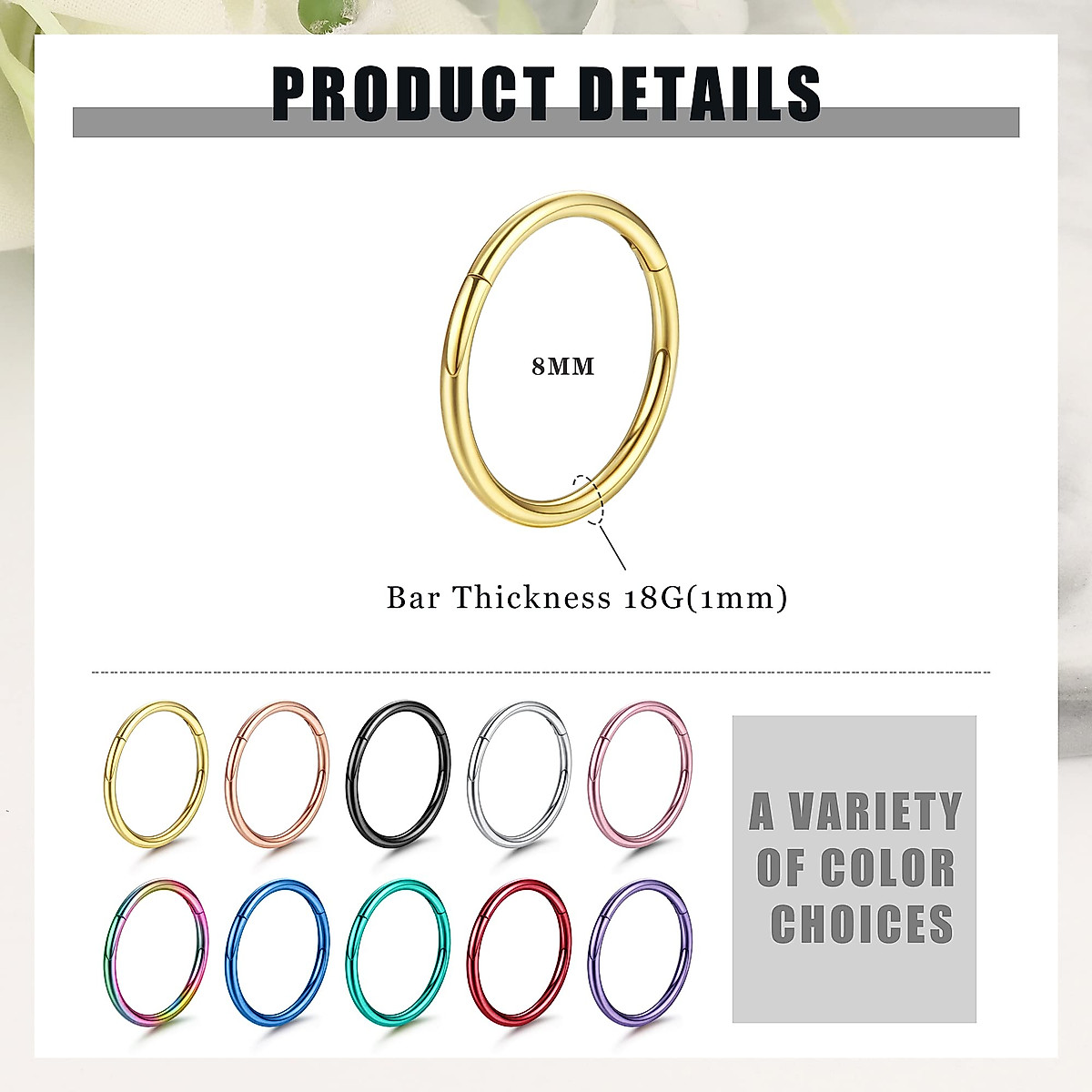 BESTEEL 10 Pcs 16G 18G Hinged Clicker Nose Rings Helix Cartilage Daith Hoop Earrings for Women Men Septum Tragus Sleeper Conch Piercing Earring Set 8-12MM