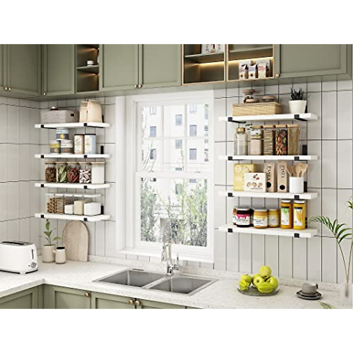 YGEOMER Floating Shelves, White Shelves, Set of 8, Rustic Wall Shelves, Wood Floating Shelf for Bedroom, Living Room, Book and Bathroom