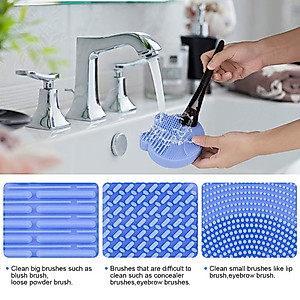 OMSM Brush Cleaning Mat+Color Removal Sponge，2 in 1 Silicone Brush Cleaning Mat with Holder for Storage&Air Dry Brushes,Clean Makeup Brushes Instantly-Blue