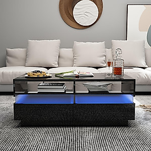 HOMFAMILIA Modern LED Coffee Table w/ 2 Big Storage Drawers,High Glossy 2-Tier Black Coffee Table w/ 60000-Color LED Lights,App Control,Rectangle Center Table w/Open Shelf for Living Room Bedroom