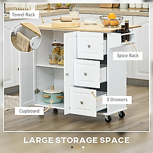 HOMCOM Kitchen Island with Drop Leaf, Rolling Kitchen Cart on Wheels with 3 Drawers, Cabinet, Natural Wood Top, Spice Rack and Towel Rack, White