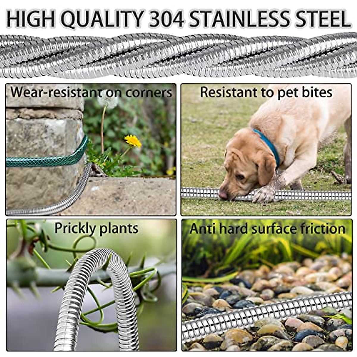50ft Stainless Steel Metal Garden Hose Heavy Duty Metal Hose with 9 Function Metal Hose Nozzle Flexible, Lightweight, Kink Free & Tangle Free, Pet Proof, Puncture Proof Hose for Yard, Outdoor