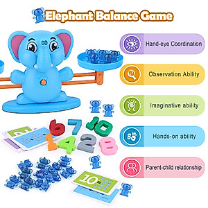 ZWYOIUG Elephant Balance Game Toy, STEM Educational Math Number Balance Game, Learning Counting Number Toy with Little Elephants, Numbers, Great Gifts for Toddlers Boys Girls 3 Years and up(Blue)