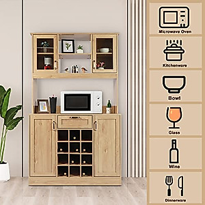 OKL Kitchen Pantry Storage Cabinet, 71" Traditional Freestanding Kitchen Buffet with Hutch with Microwave Countertop & Shelves, Kitchen Cupboard with Glass Doors for Living Room, Dining Room, Brown