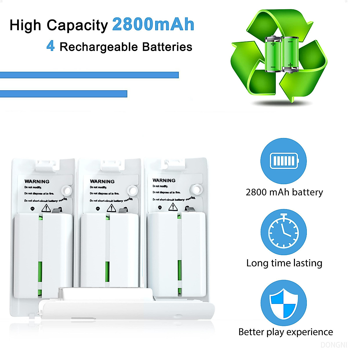 Battery Charger for Wii Remote Controller Battery, 4Pcs 2800mAh Rechargeable Battery Packs Compatible with Wii Controller