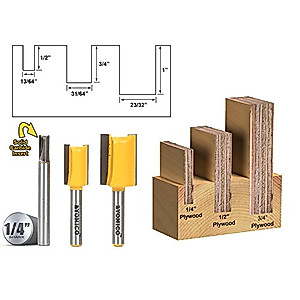 YONICO Router Bits Set Dado Straight Bit Undersize Plywood 3 Bit 1/4-Inch Shank 14323q